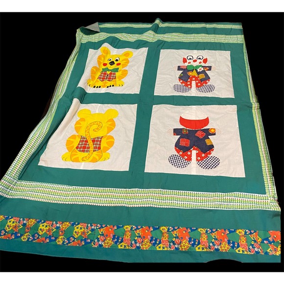 Handmade | Bedding | Vtg Quilt Embroidered Circus Clown Twin Blanket ...